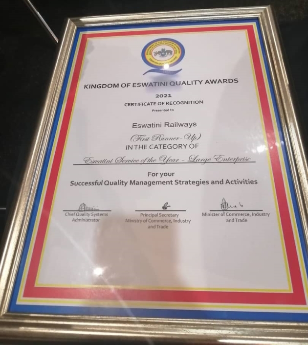Eswatini Railways Collecting Certificates of Recognition in the Quality ...